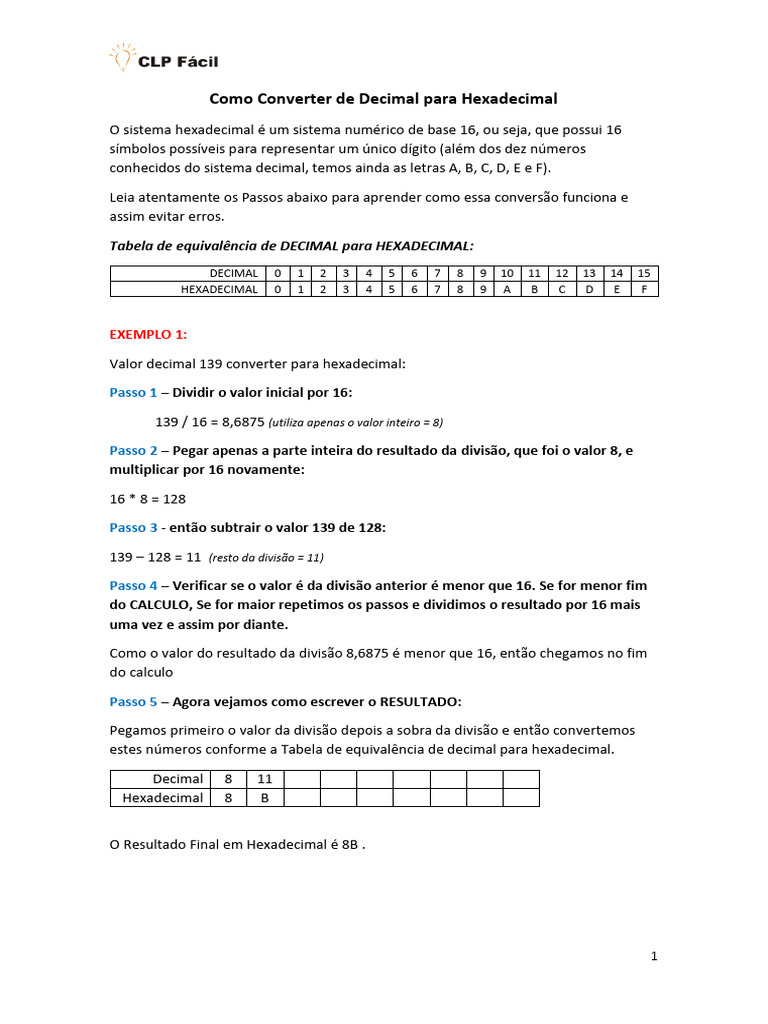 Como Converter de Decimal para Hexadecimal | PDF | Decimal | Divisão (Matemática)