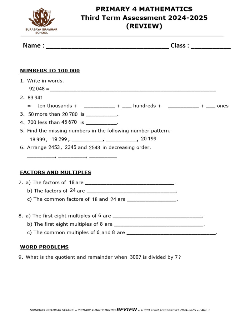 P4 MATHEMATICS 3rd Term SGS Review | PDF | Mathematics | Arithmetic