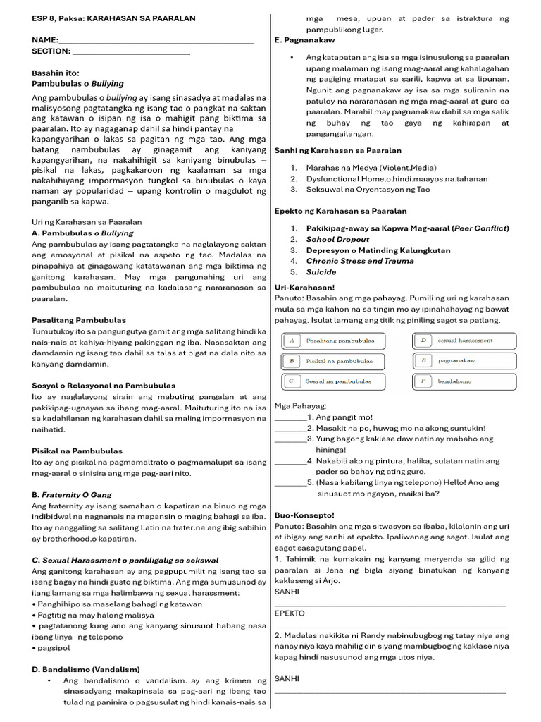 Handout Activity Karahasan Sa Paaralan 1 | PDF