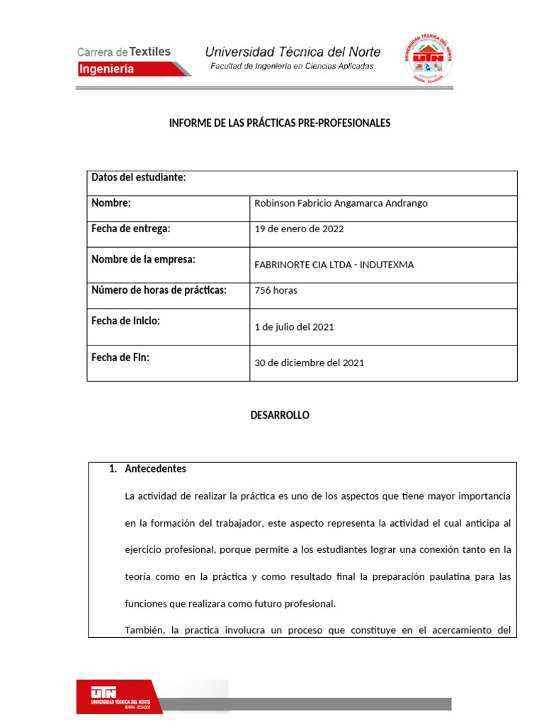 Formato de Informe Practicas Preprofesionales | PDF | Textiles