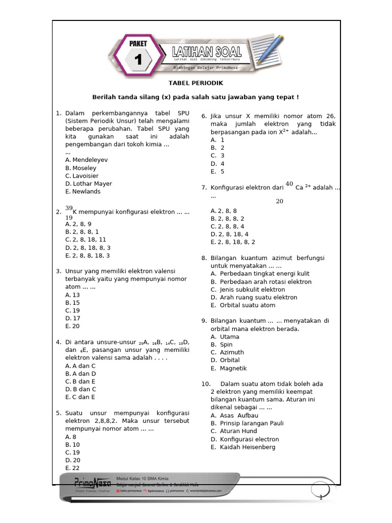 Kimia Bab 3 Latihan Soal 1 Sistem Periodik Unsur | PDF