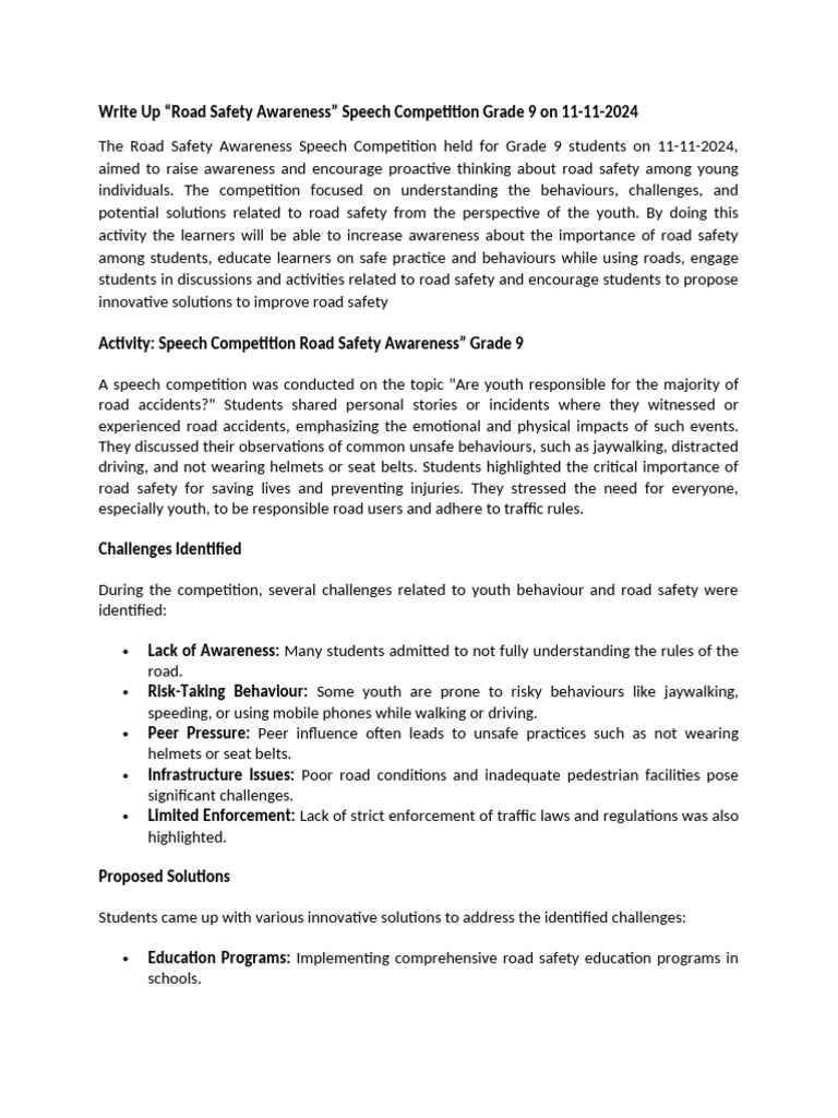 Write Up-Road Safety Activity-Nov | PDF | Road Traffic Safety | Traffic ...