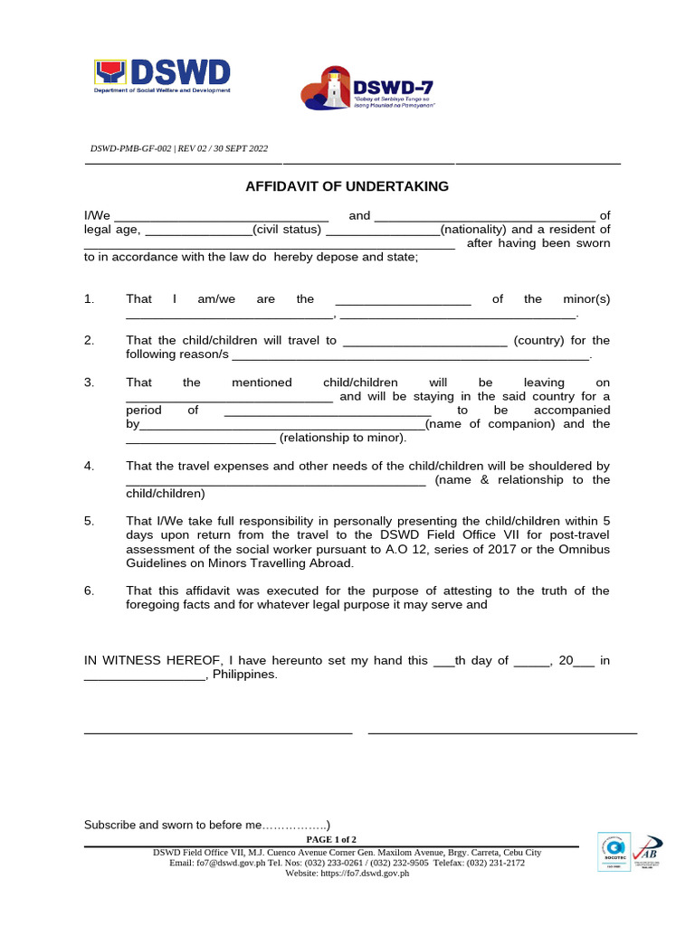 Affidavit of Undertaking for Minors' Travel | PDF