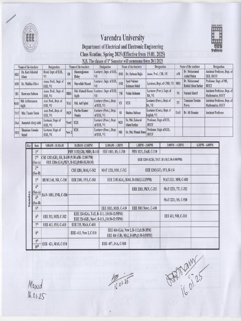 EEE-Spring 2025-Class Routine Effective From (20!01!25) Comp | PDF
