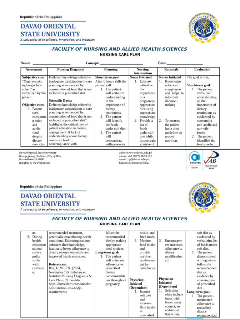 NCP Deficient Knowledge | PDF | Diet (Nutrition) | Diet & Nutrition