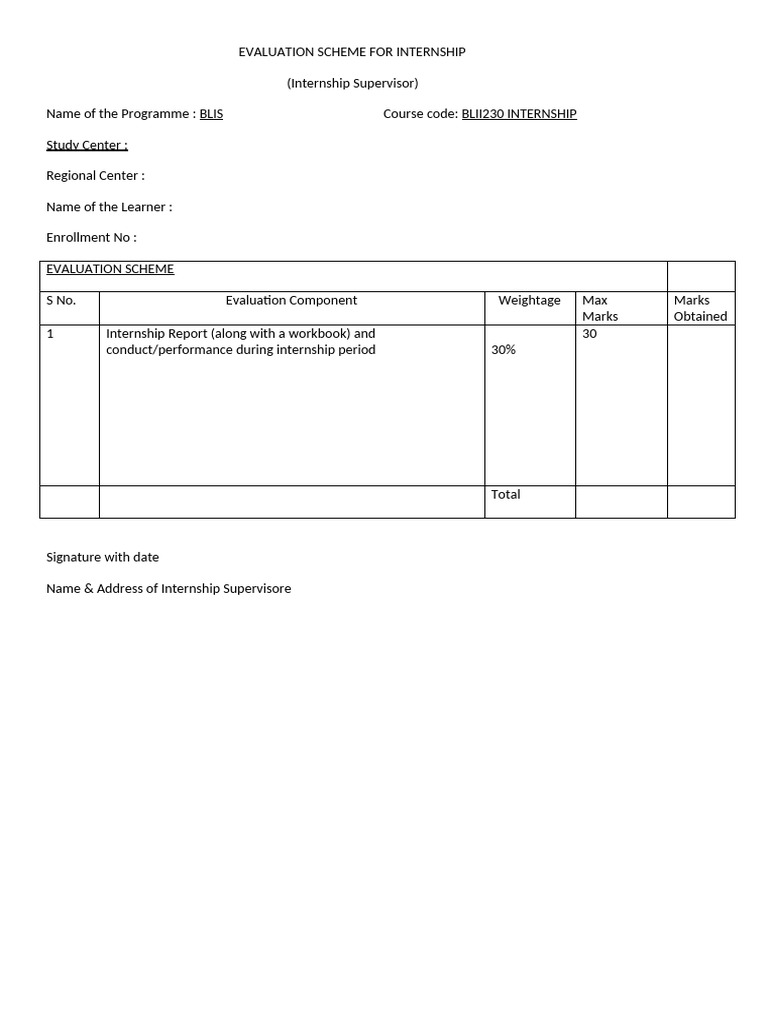 Internship Evaluation Scheme for BLIS | PDF