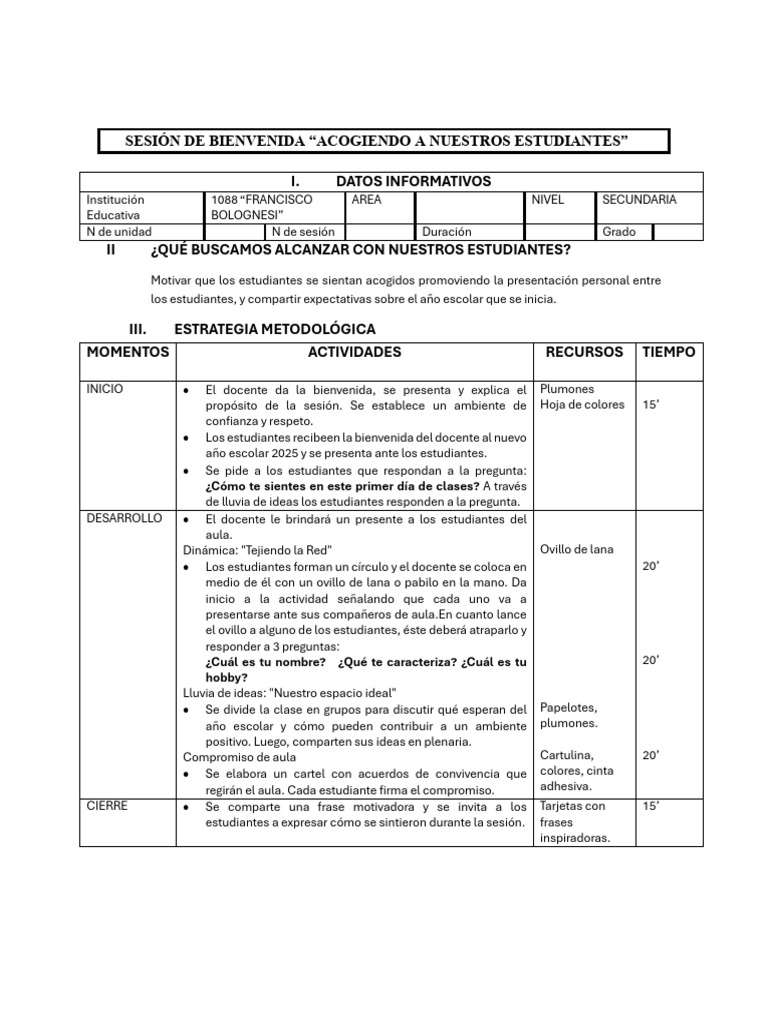 Sesión de Bienvenida | PDF | Salón de clases | Aprendizaje