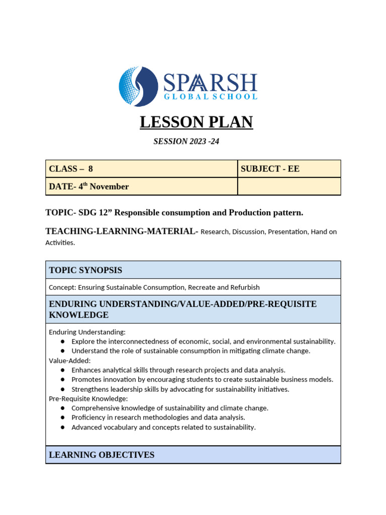 Grade 8 EE November Lesson plan | PDF | Sustainability | Lesson Plan
