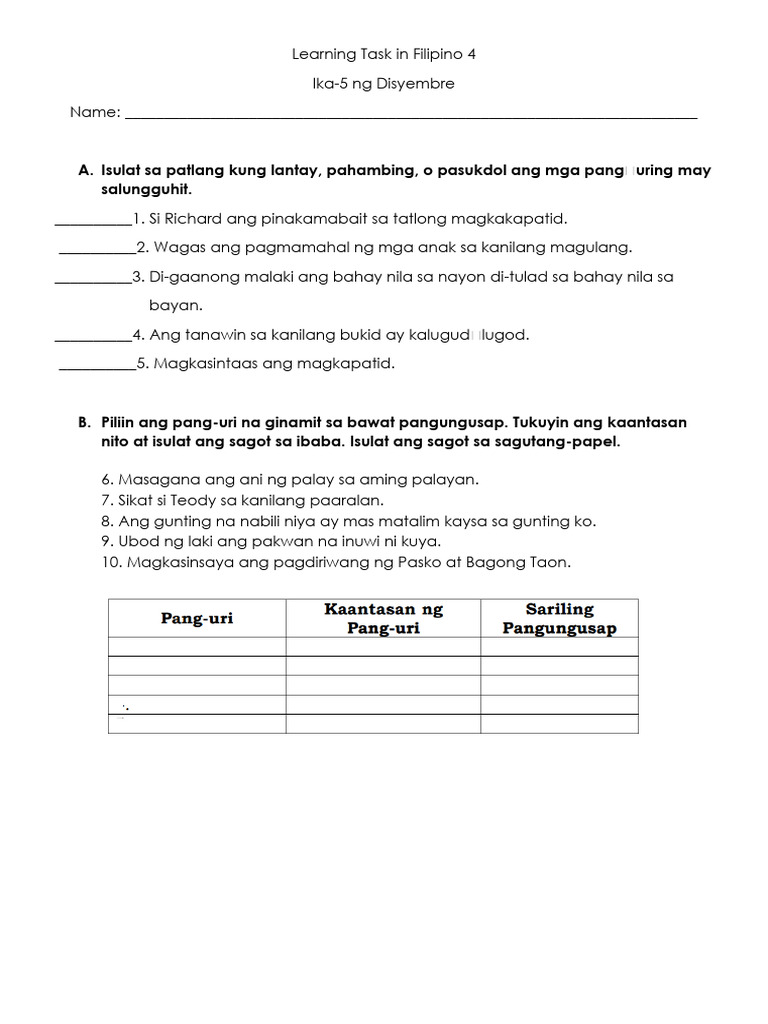 Learning Task in Filipino 4 Dec. 5 | PDF