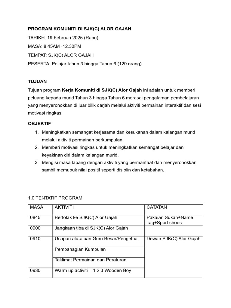 Program Kerja Komuniti SJK(C) Alor Gajah | PDF