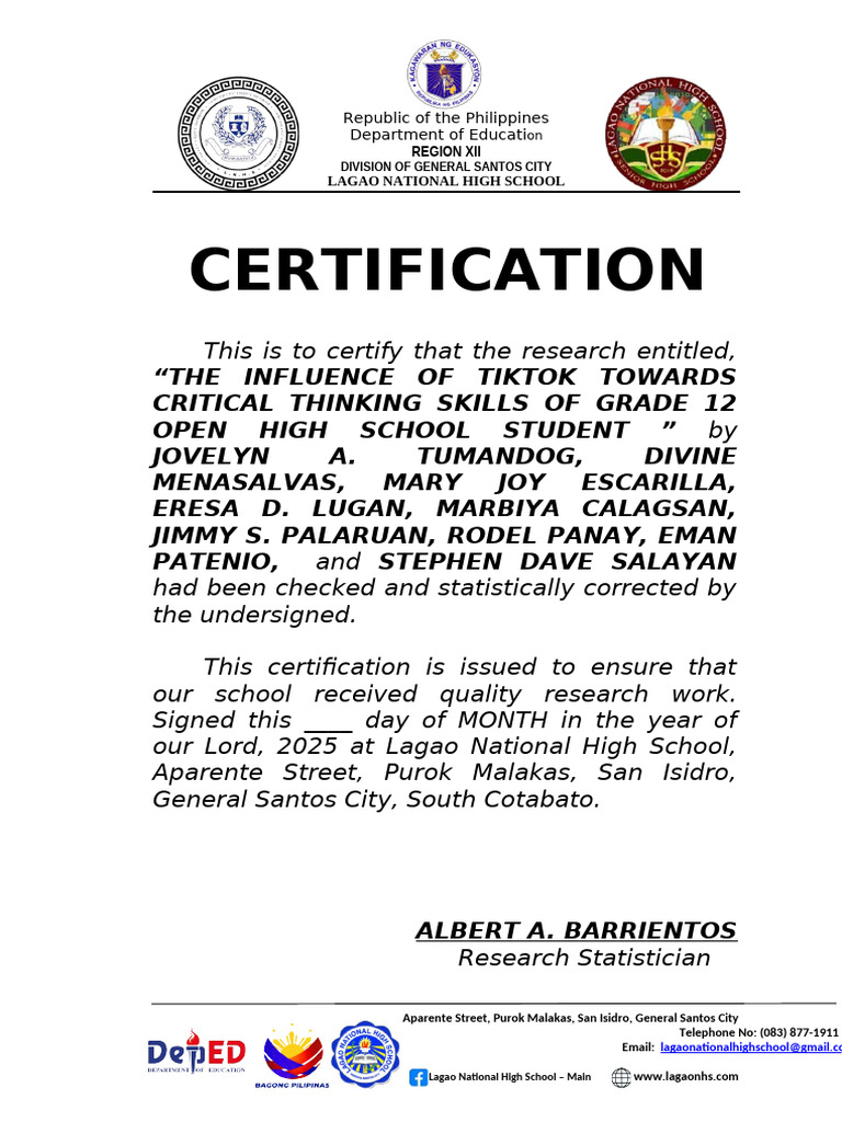HUMSS Statisticians Certificate Tumandog | PDF