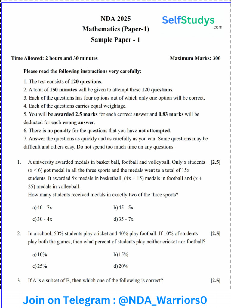 NDA Math Sample Paper Set 1 | PDF