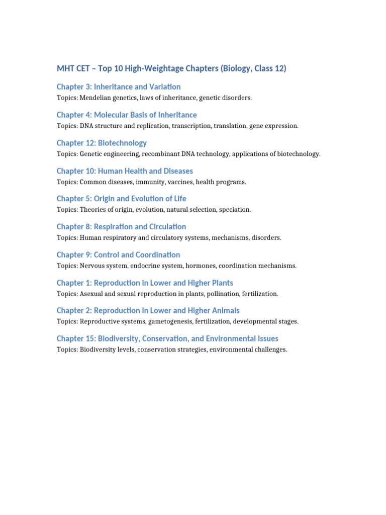 High-Weightage Biology Topics for CET | PDF