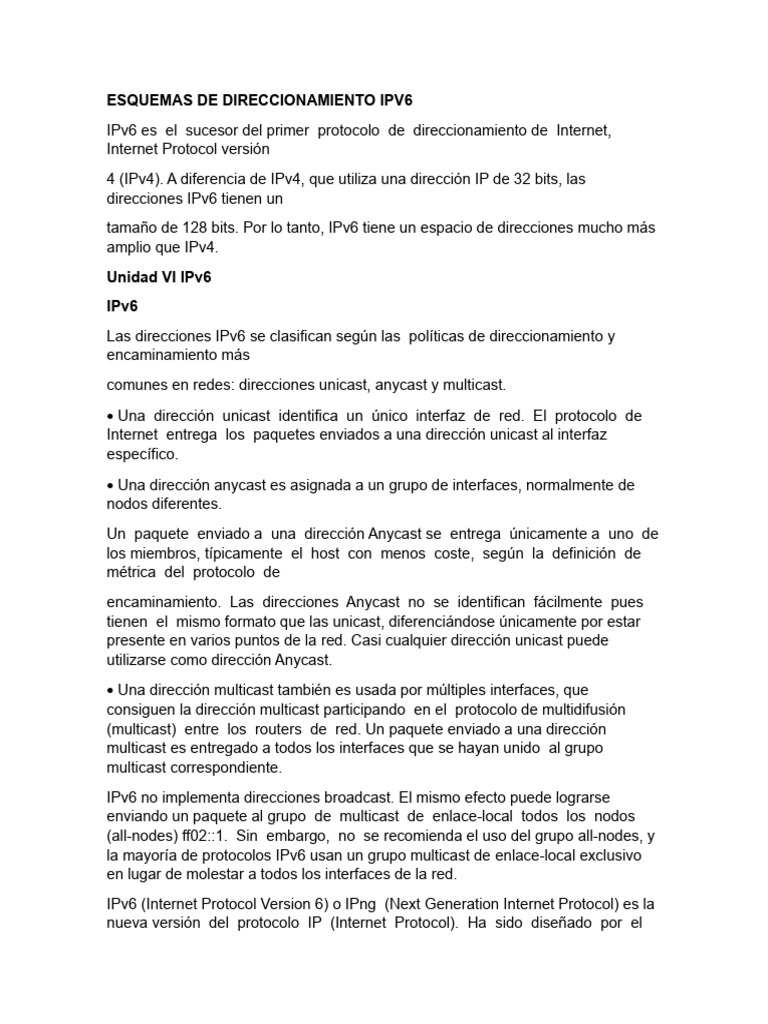 ESQUEMAS DE DIRECCIONAMIENTO IPV6 | PDF | Yo Pv6 | Protocolos de internet