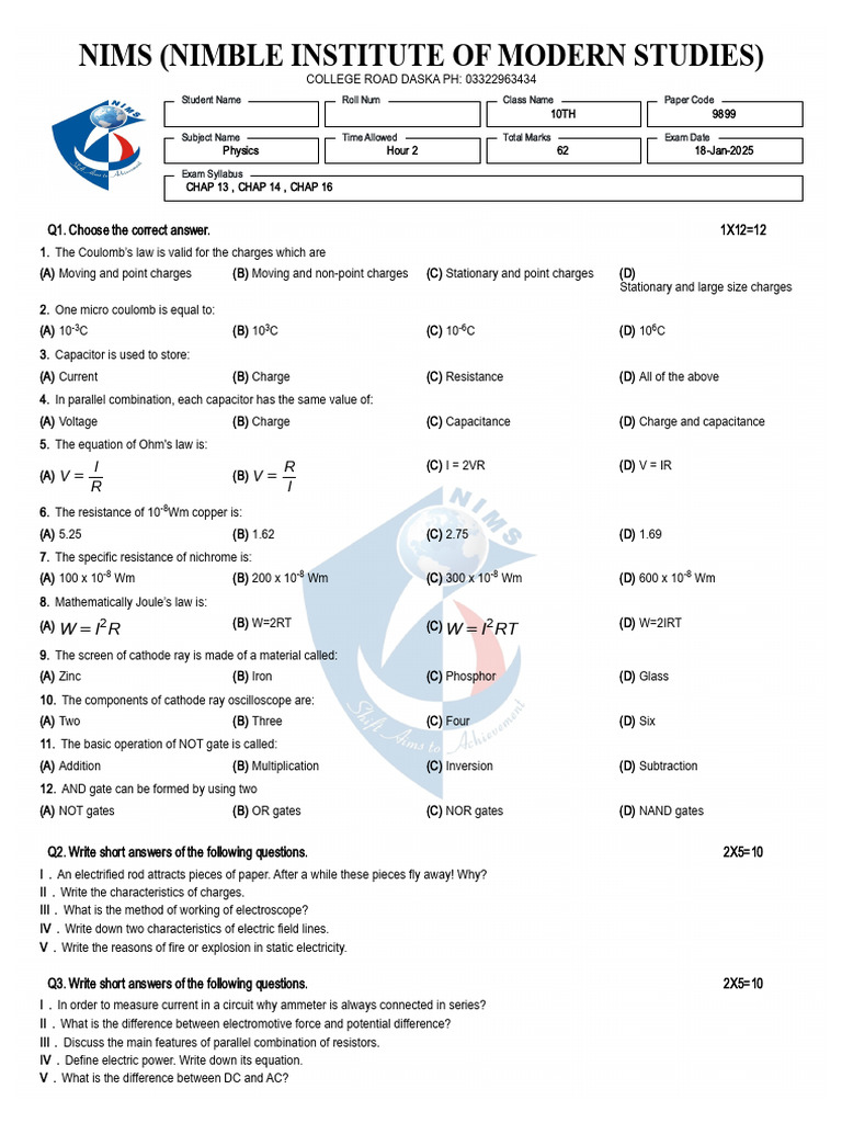 10th Grade Physics Exam Review Guide | PDF | Capacitor | Capacitance