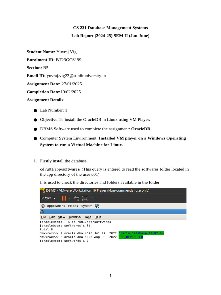 DBMS Lab1 BT23GCS199 YurvajVig | PDF | Databases | Directory (Computing)