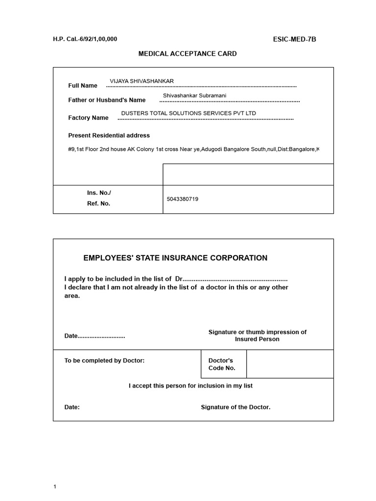 ESIC Medical Card Application Form | PDF | Social Programs | Social Policy