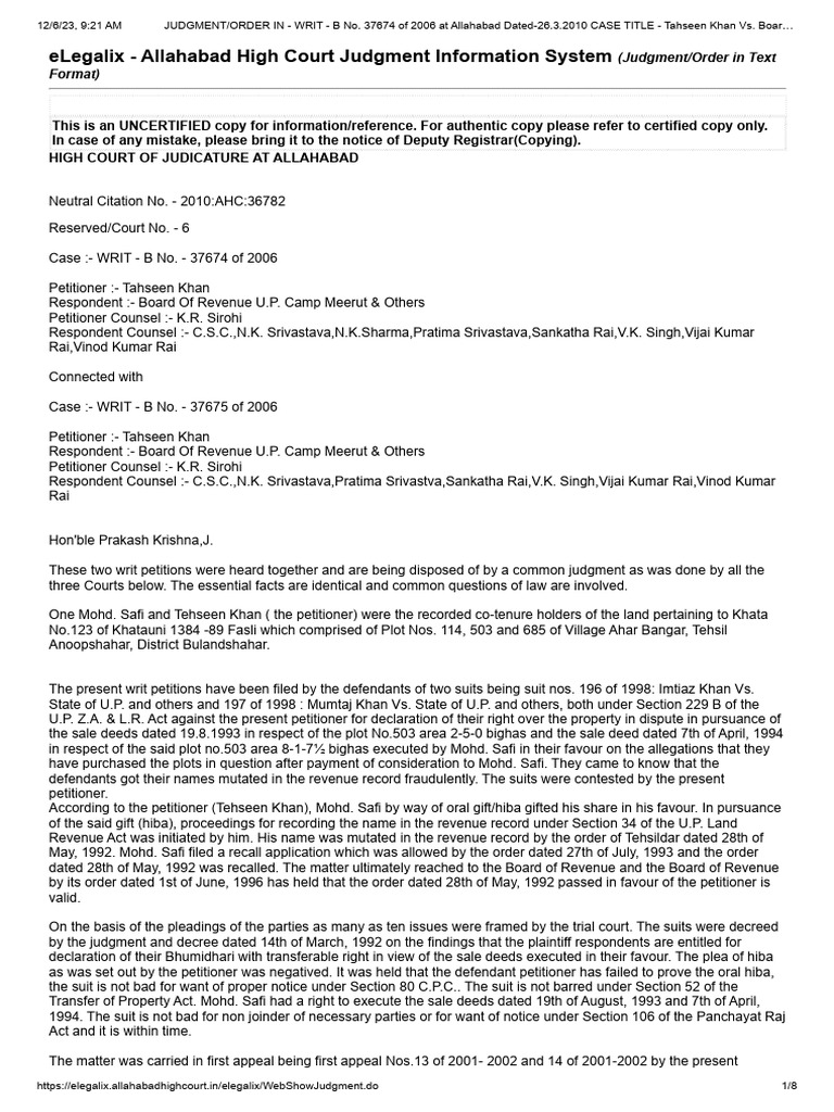 Tahseen Khan vs. Board of Revenue U.P. Camp Meerut & Others | PDF ...