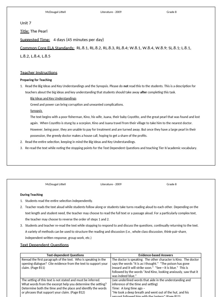 The Pearl. Lesson - Anthology | PDF