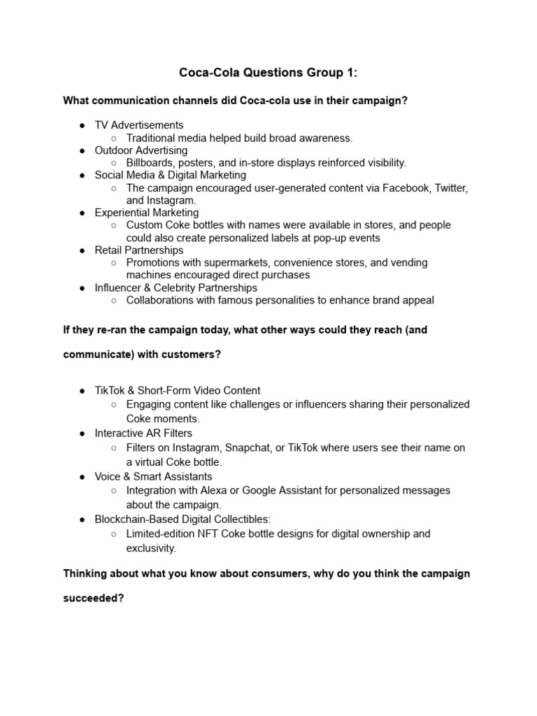 Coca-Cola Questions Group 1 | PDF | Coca Cola | Brand