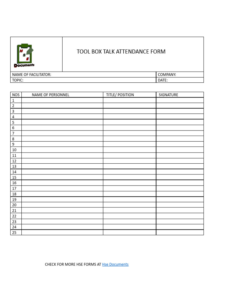 Tool Box Talk Attendance Form | PDF