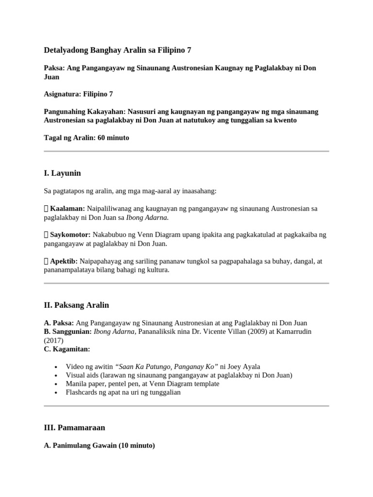Detalyadong Banghay Aralin Sa Filipino 7 | PDF