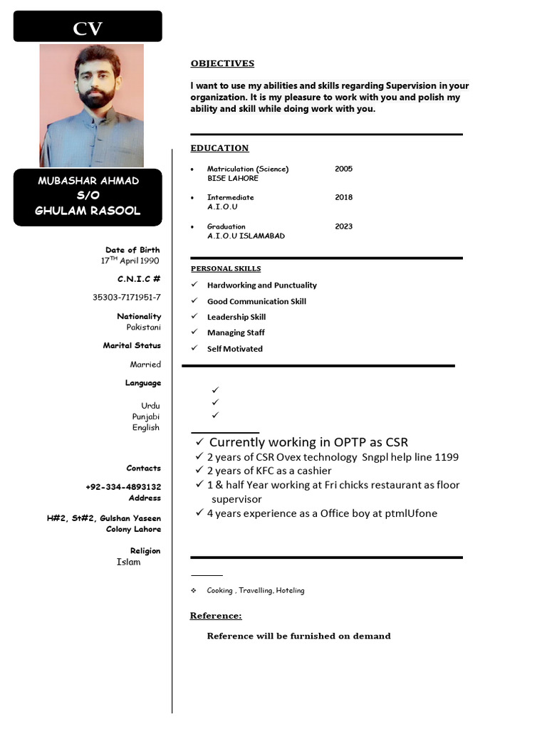 CV of Mubashar Ahmad: Skills & Experience | PDF