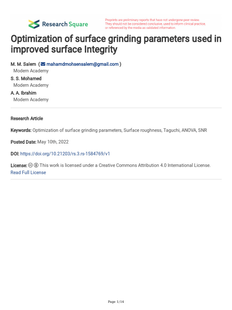 Optimization of Surface Grinding Parameters Used in Improved Surface Integrity | PDF | Grinding ...