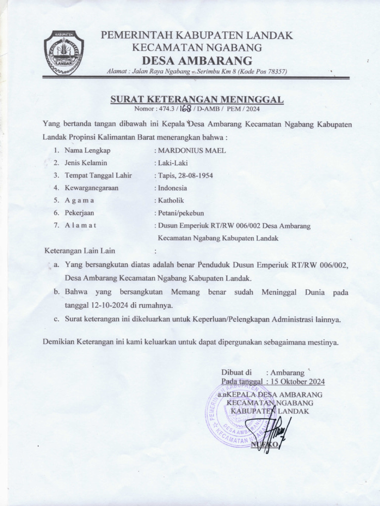 Surat Keterangan Meninggal - Mardonius Mael | PDF