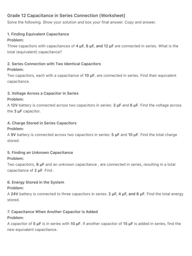 Grade 12 Capacitance in Series Connection (Worksheet) | PDF