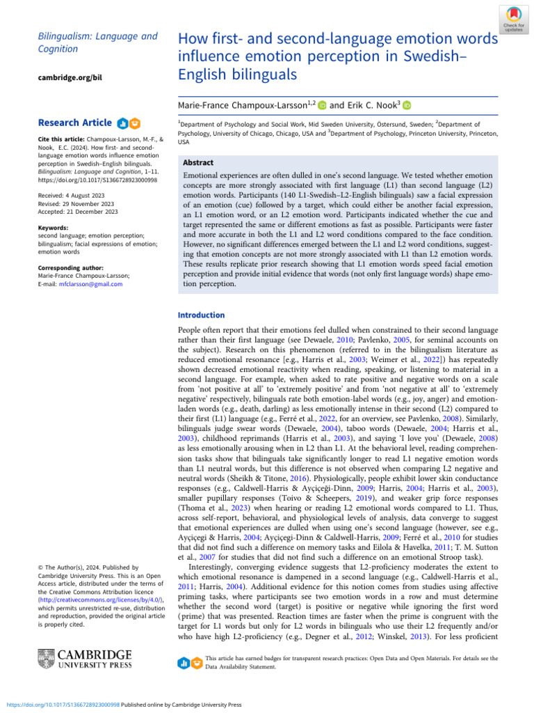 How First and Second Language Emotion Words Influence Emotion ...