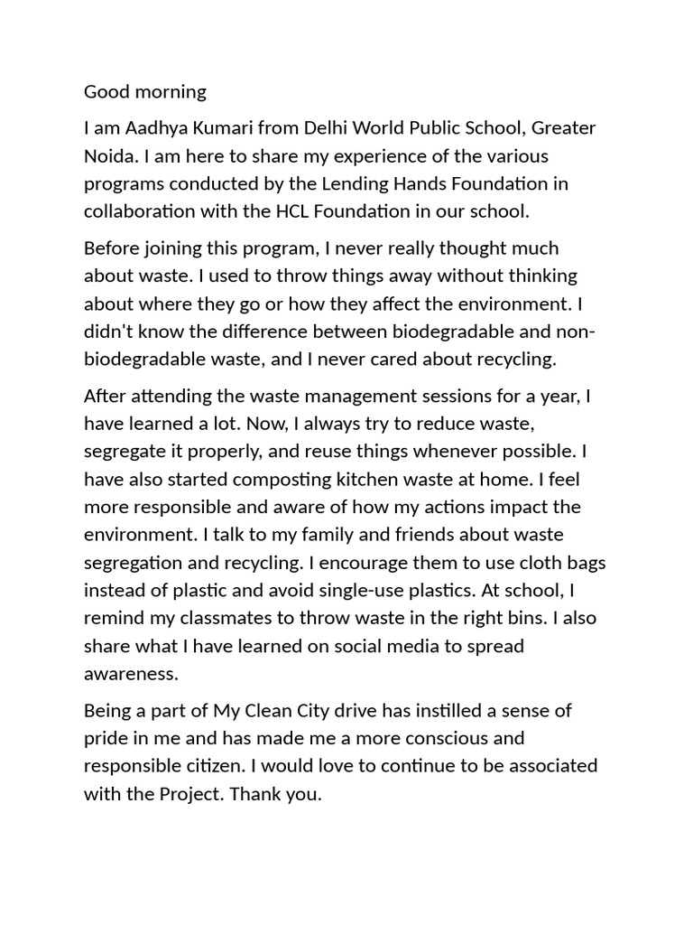 Aadhya's Journey in Waste Management | PDF