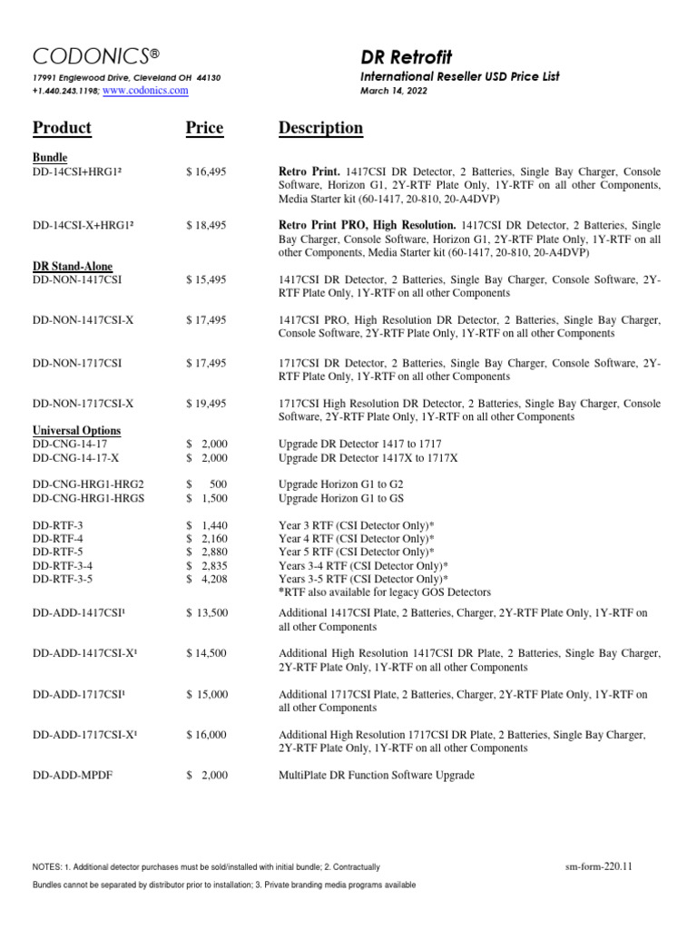Codonics DR Retrofit - Distributor Pricelist US$ | PDF | Battery Charger
