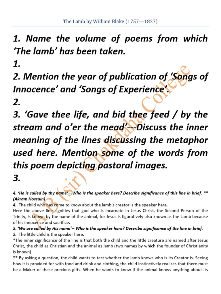 The Lamb by William Blake | PDF | Lamb Of God | William Blake