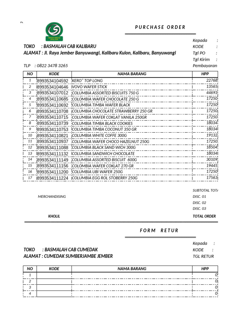 Po Columbia p1004 Kalibaru 20-03-2025 | PDF | Snack Food | Biscuit