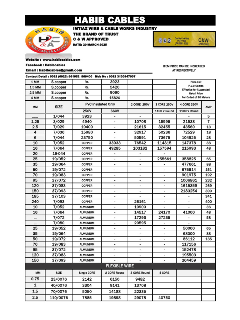 Habib Cables Price List 2025 | PDF | Electrical Engineering | Electricity