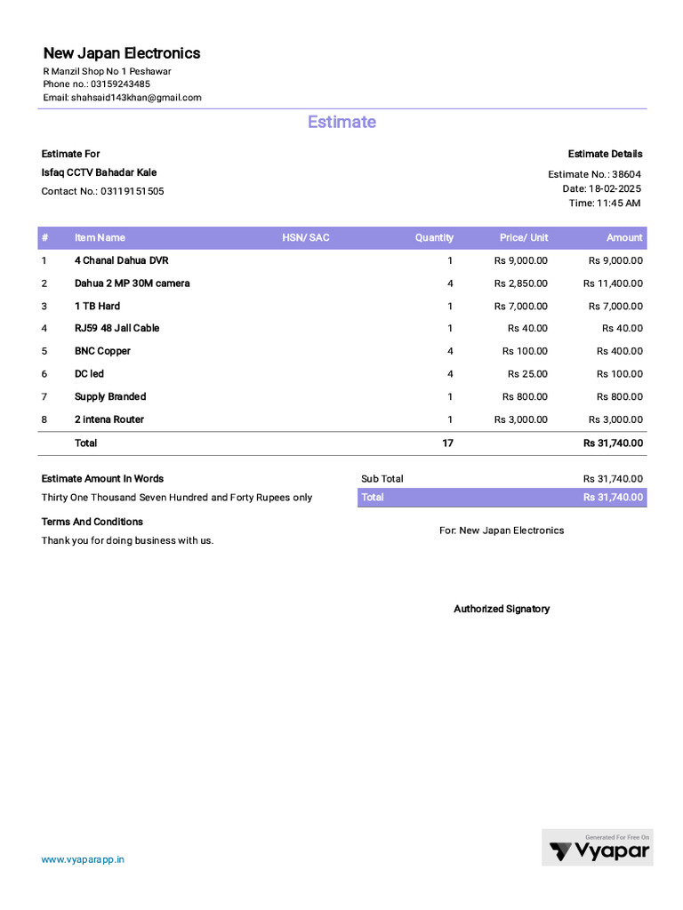 Invoice Estimate for CCTV Equipment | PDF