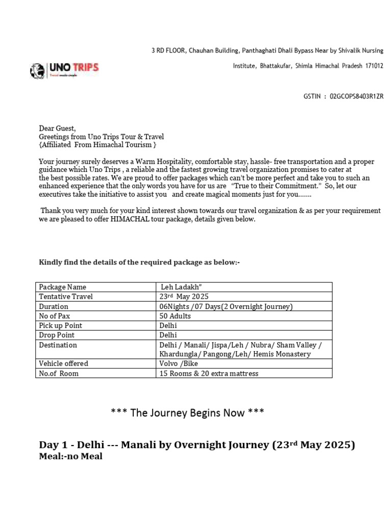 Leh Ladakh Transport Package Details | PDF
