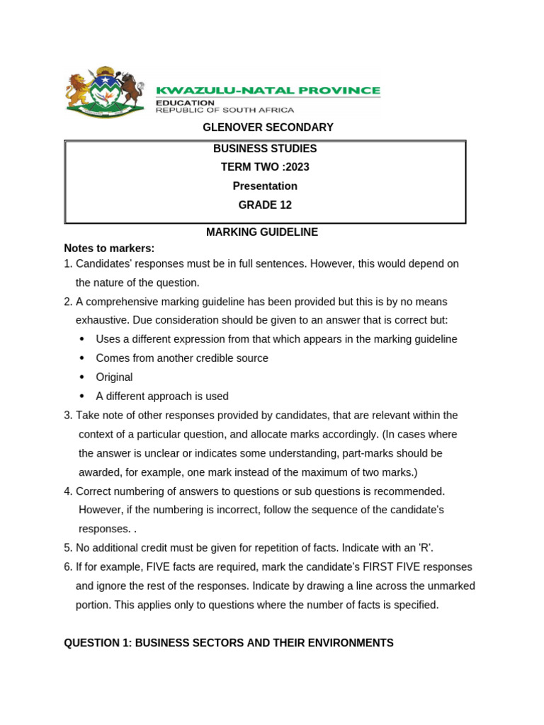 BSTD Grade 12 Term 2 Presentation Memo-2 | PDF | Leadership | Quality ...