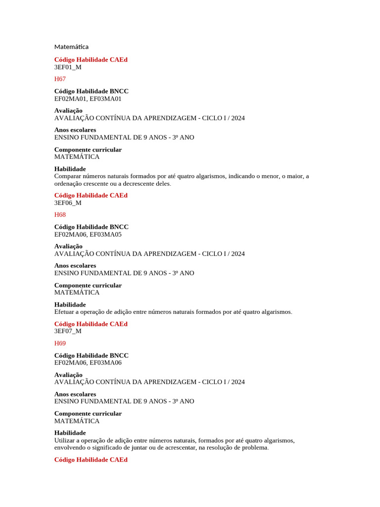 Código Habilidade CAEd | PDF | Matemática | Litro