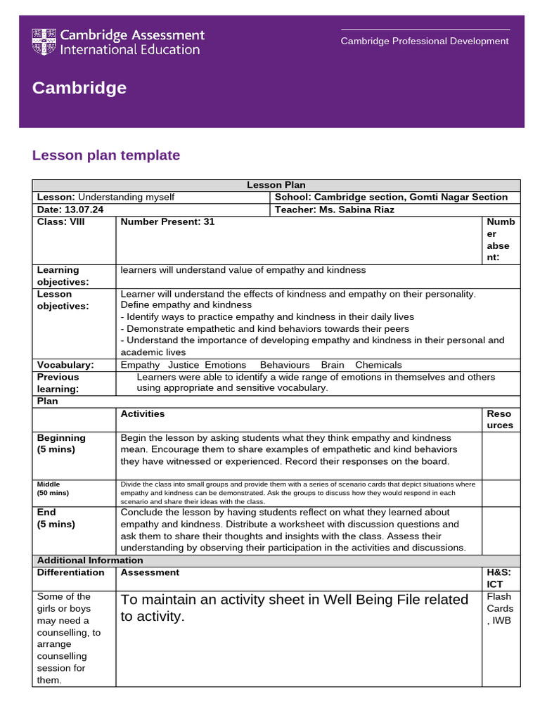 Empathy and Kindness Lesson Plan | PDF | Empathy | Learning