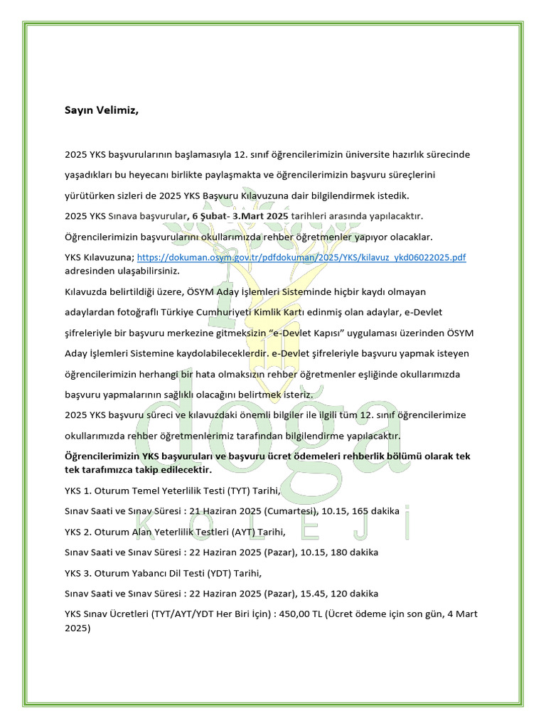 YKS 2025 Veli Bilgilendirme | PDF
