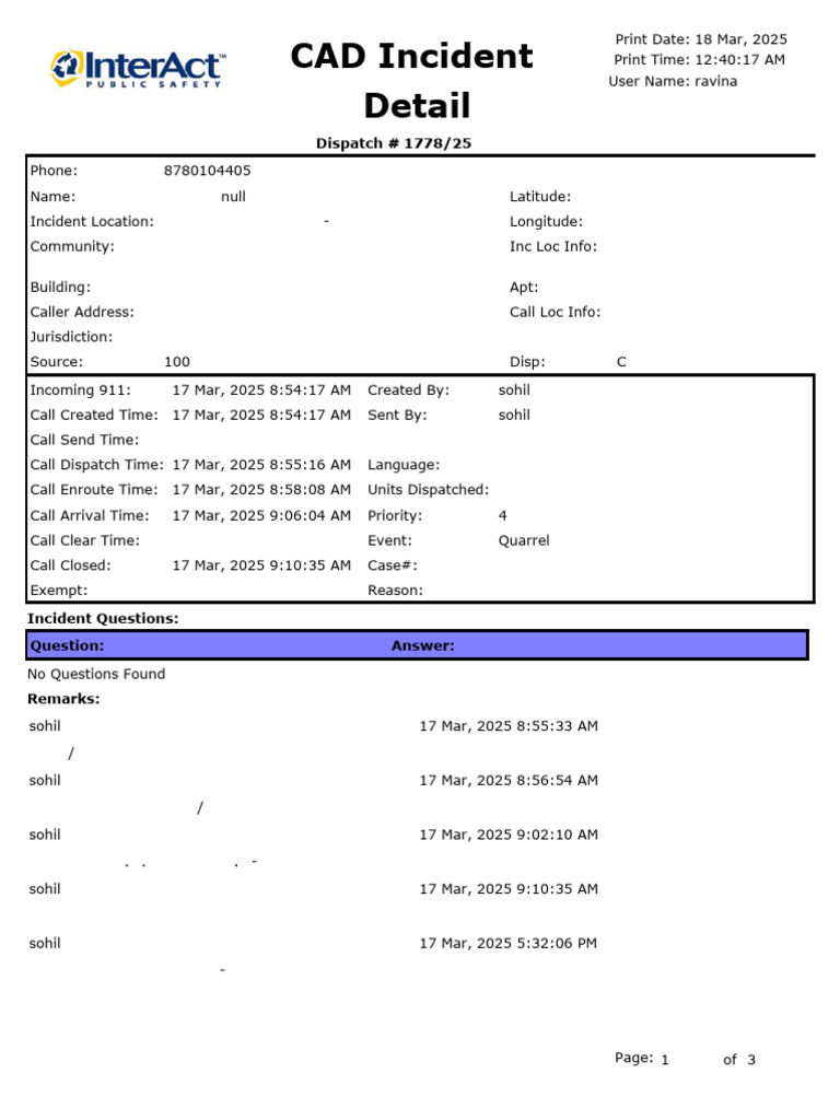 CAD Incident Detail: Dispatch # 1778/25 | PDF | Public Safety | Telephony