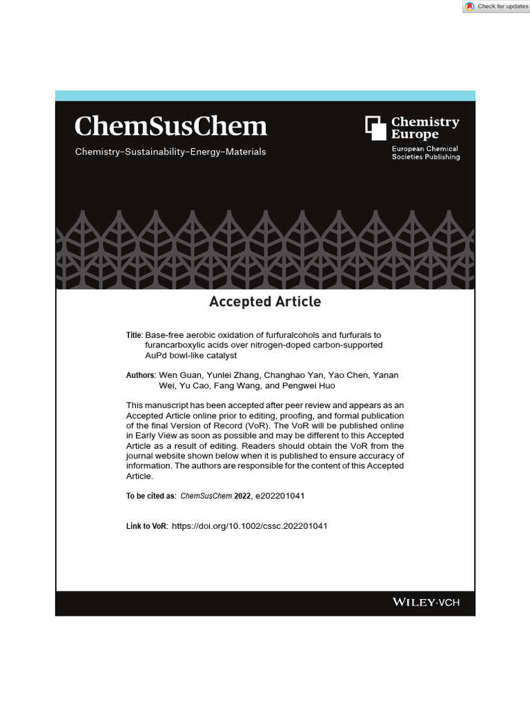 ChemSusChem - 2022 - Guan - Base‐free aerobic oxidation of furfuralcohols and furfurals to ...