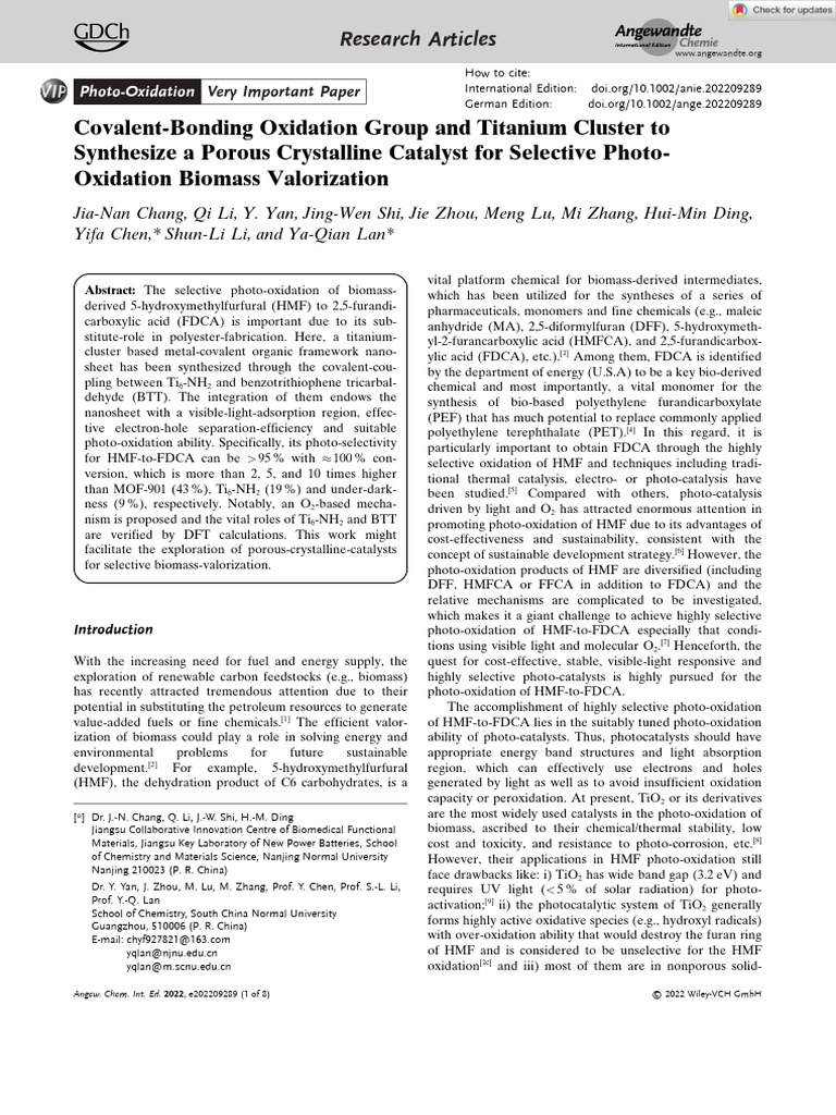 Angew Chem Int Ed - 2022 - Chang - Covalent Bonding Oxidation Group and ...