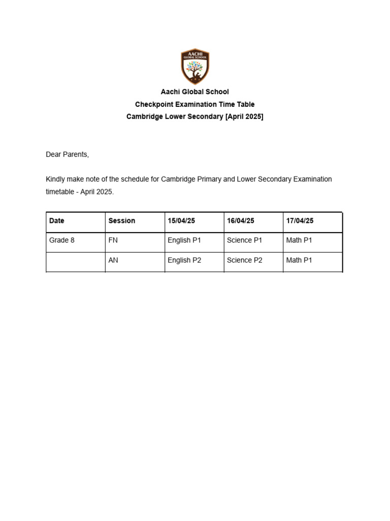 Aachi Global School Checkpoint Examination Time Table Cambridge Lower ...