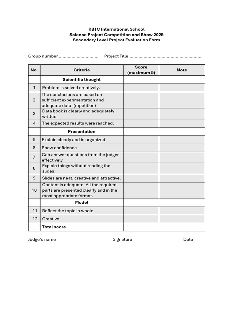 Science Project Evaluation Form 2025 | PDF