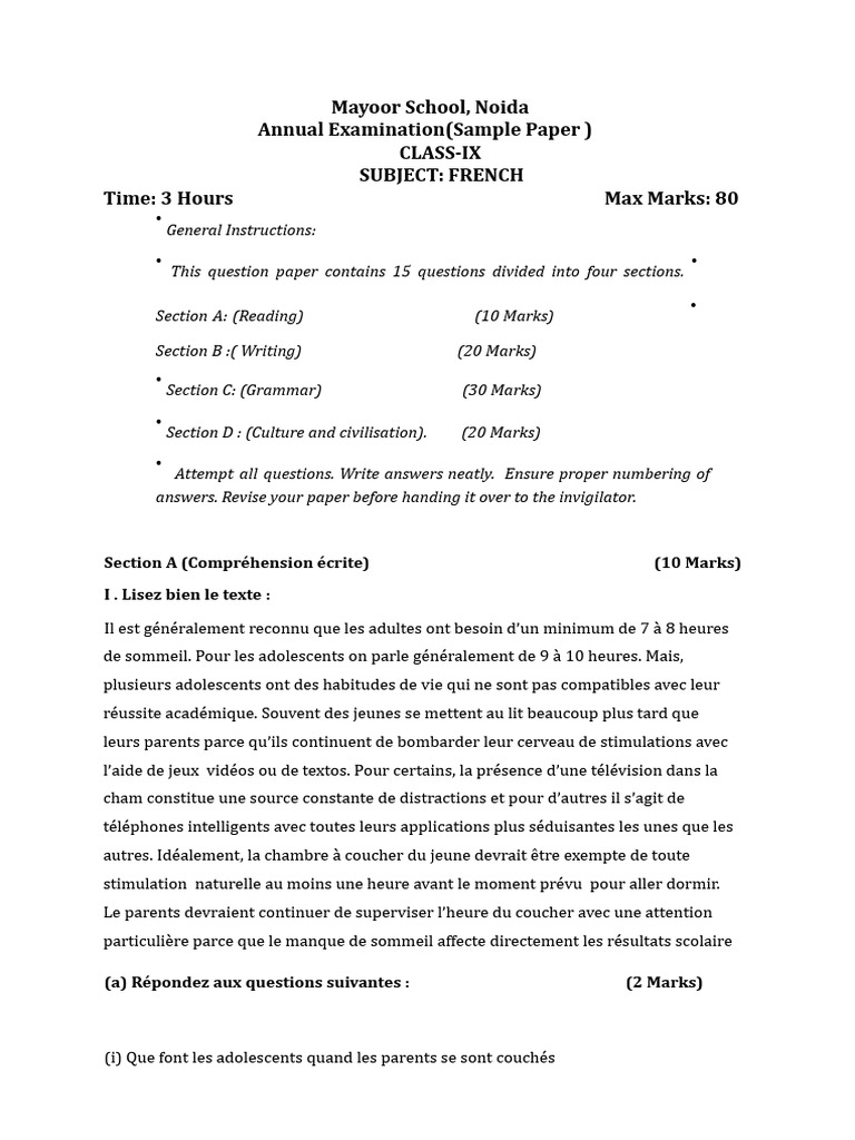 Class 9 French Sample Paper | PDF | Sommeil | Linguistique