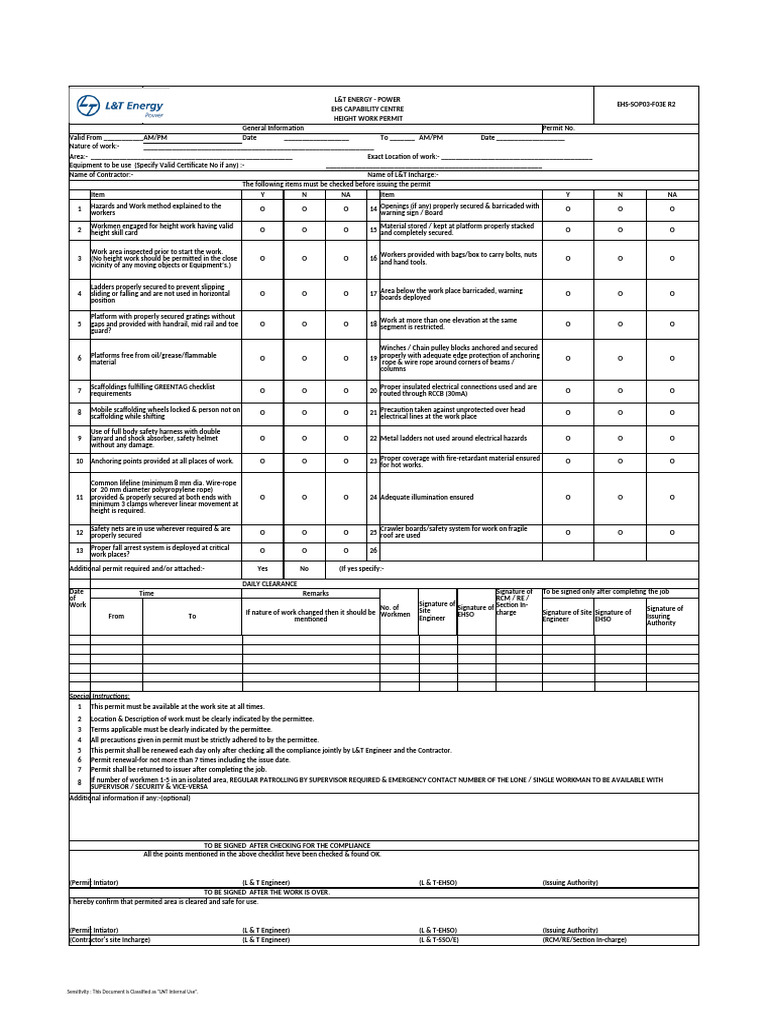 EHS-SOP03-F03E R2 Height Work Permit - English | PDF | Manufactured Goods