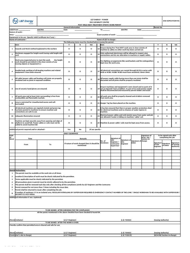 Ehs-sop03-f03m r1-Pwht Work Permit - English | PDF